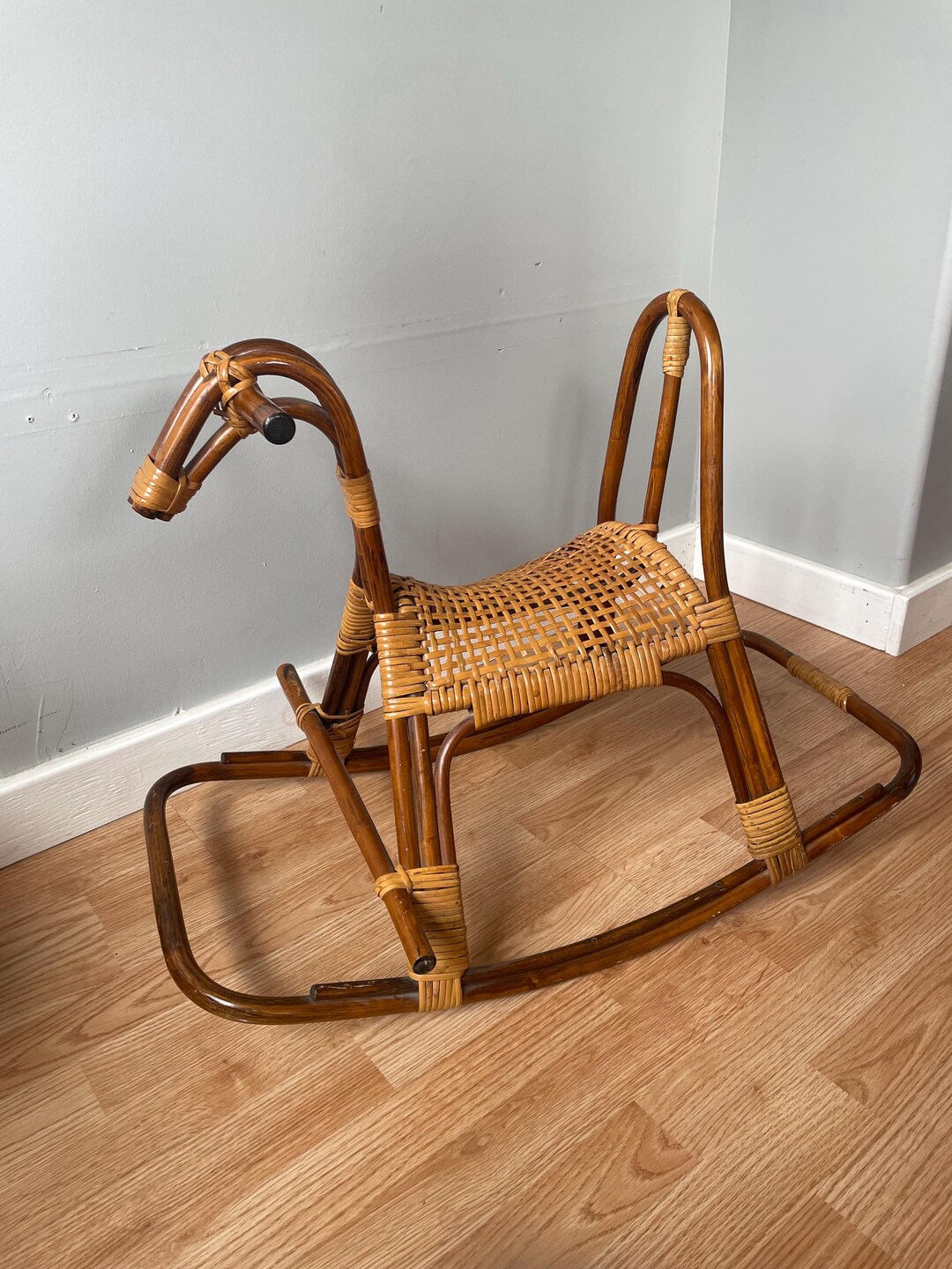 Mid-century Modern Rattan Rocking Horse - Vintage Woven Toy - 30" Long ...