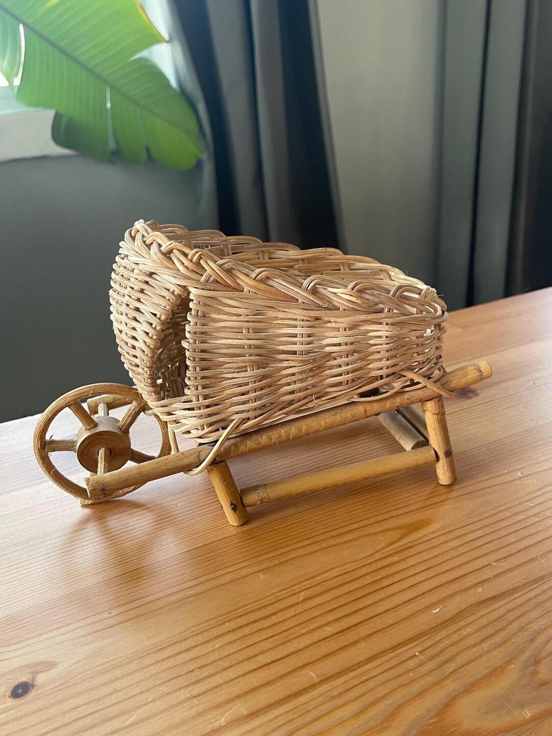 Vintage Wicker Wheelbarrow Basket - Rustic Farmhouse Decor - Handwoven ...