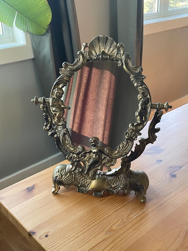 Vintage Rococo Ornate Vanity Mirror, Cherub Swivel Mirror, Lightweight ...
