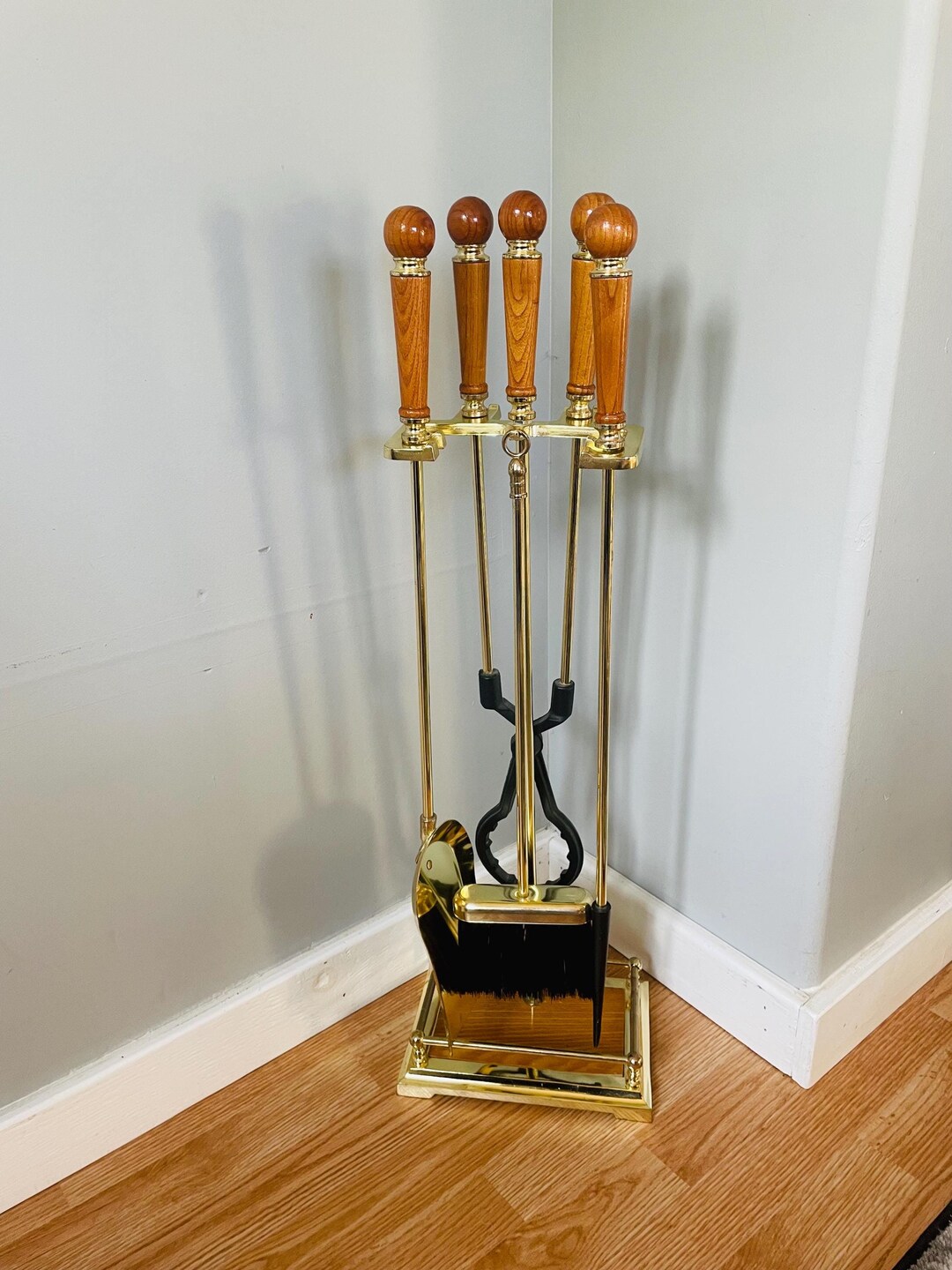 Vintage Brass Fireplace Tools Set 5 Piece Hearth Tool Set With Wooden ...