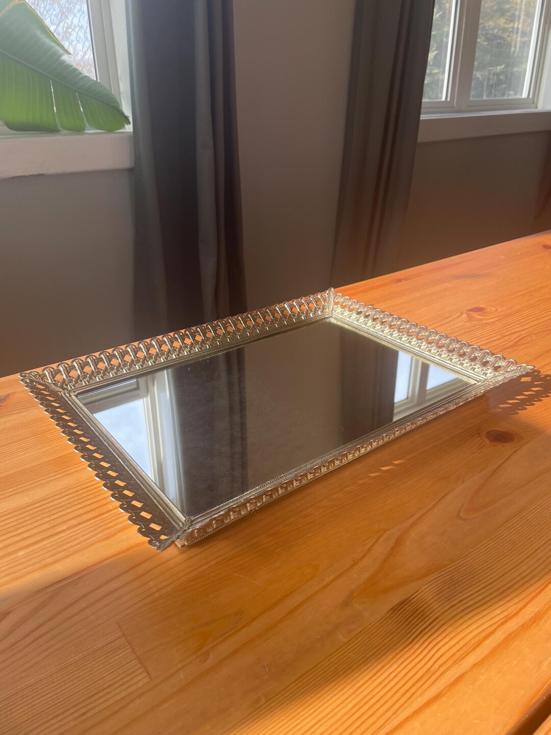 Vintage Mirror Tray With Metal Floral Frame Dual Use Tray and Stand-up ...