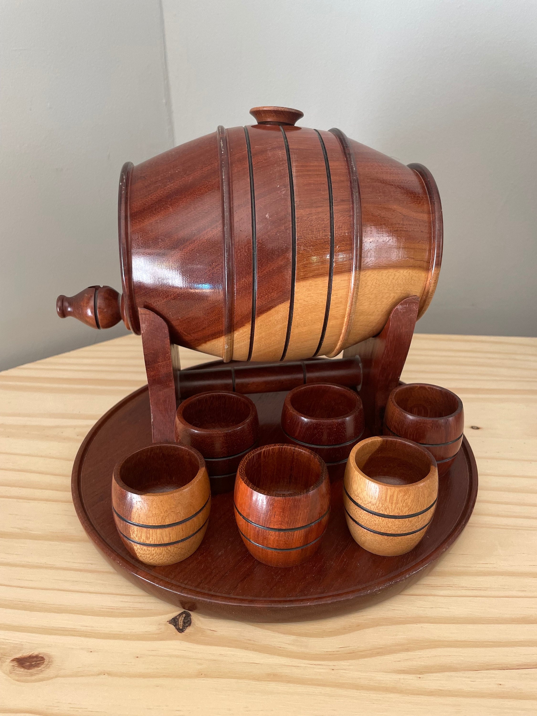 Vintage Wood Barrel Decanter Set With Wooden Shot Glasses | Rustic ...