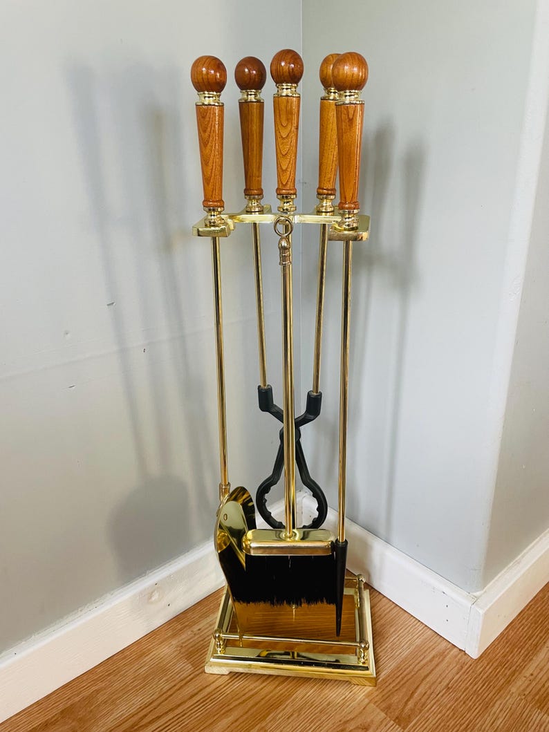 Vintage Brass Fireplace Tools Set 5 Piece Hearth Tool Set With Wooden ...