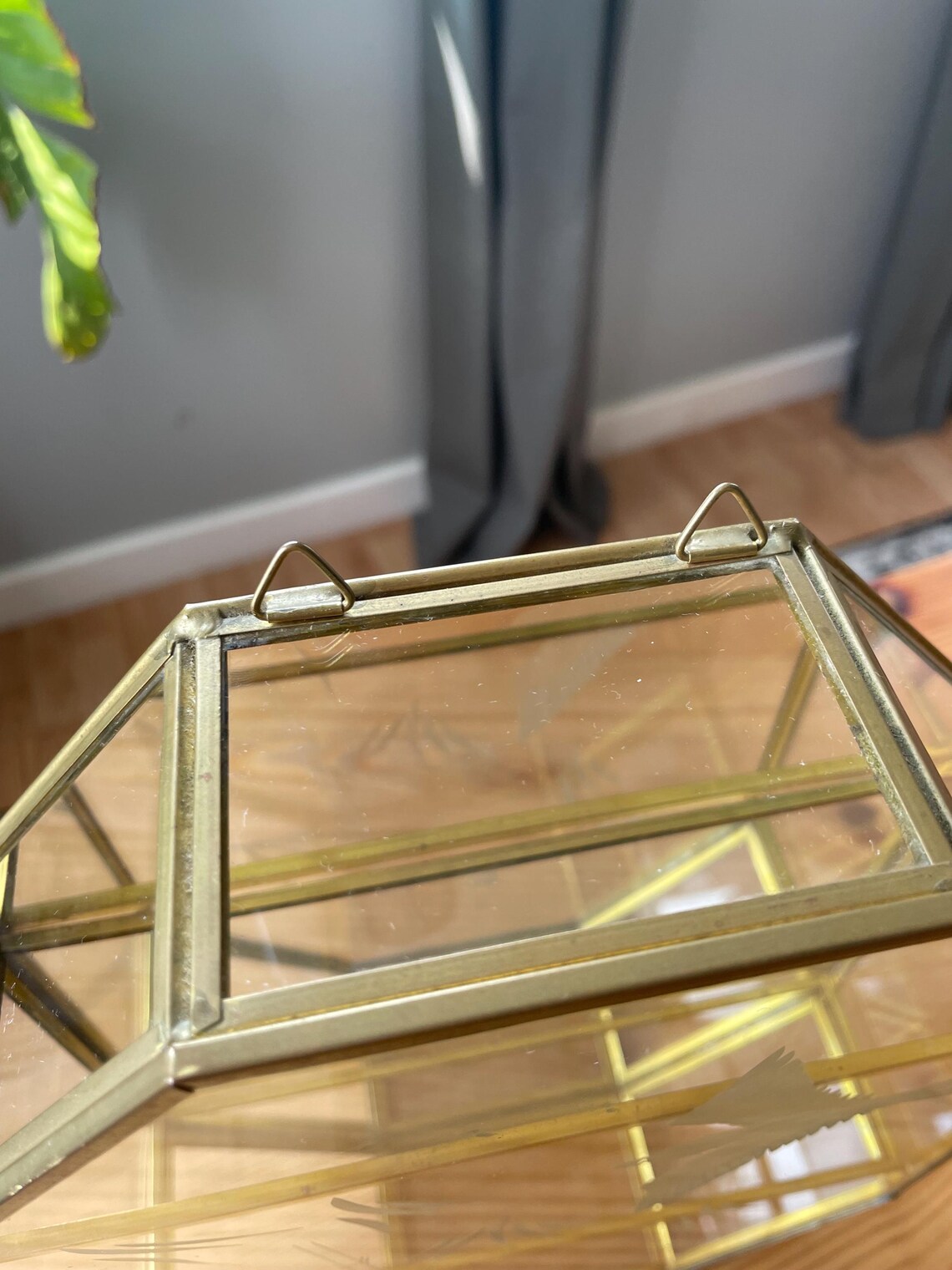 Vintage Brass and Etched Glass Curio Cabinet Octagon Trinket Display ...