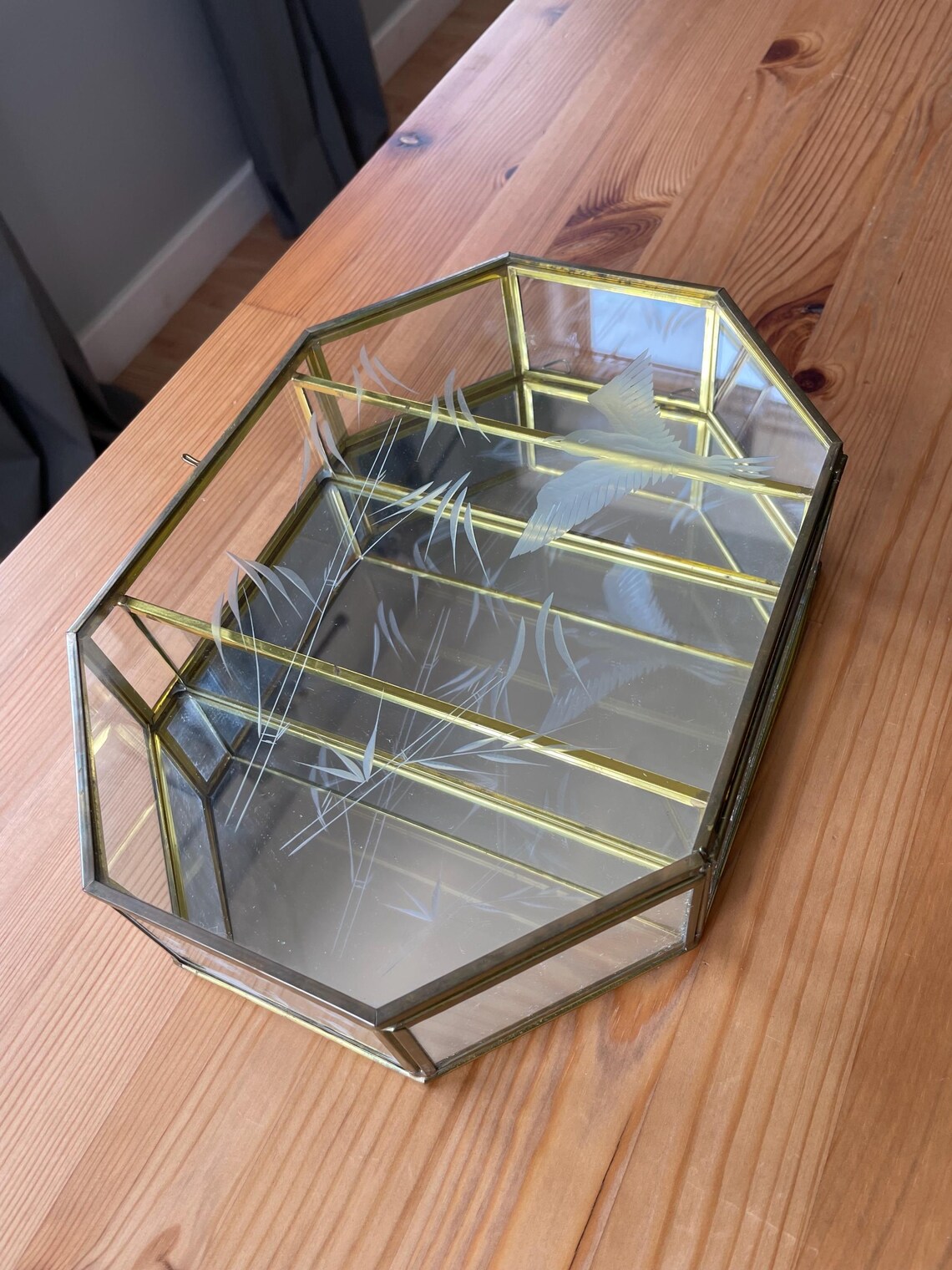 Vintage Brass and Etched Glass Curio Cabinet Octagon Trinket Display ...