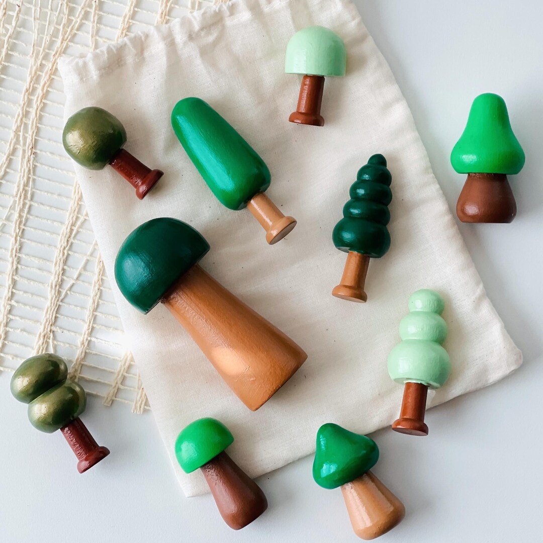 10 Mini Wooden Trees, Peg Dolls, Montessori Counting, Handmade Wooden ...