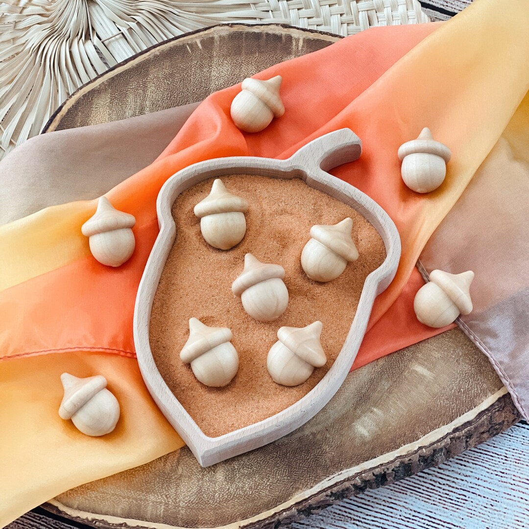 10 Natural Wooden Acorns, Sensory Bin, Wood Sensory Tray, Waldorf Toys ...