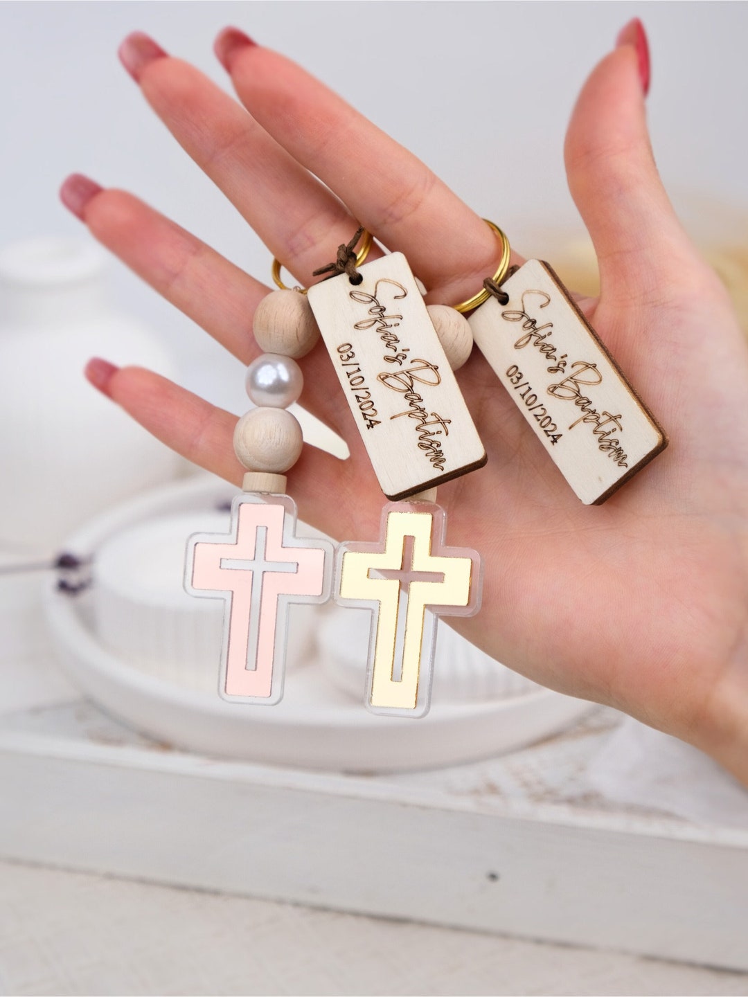 Custom Cross Keychain Favors for Baptism Guests, Personalized ...