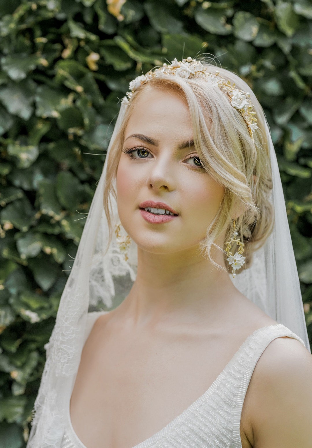 Bridal Floral Tiara - NICOLE - White and Gold - Wedding Crown, Floral ...