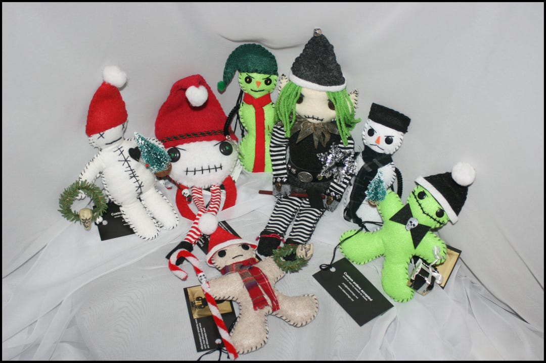 7 Hand Stitched Christmas Tree Ornaments Creepy Gothic Folk Art Dolls ...