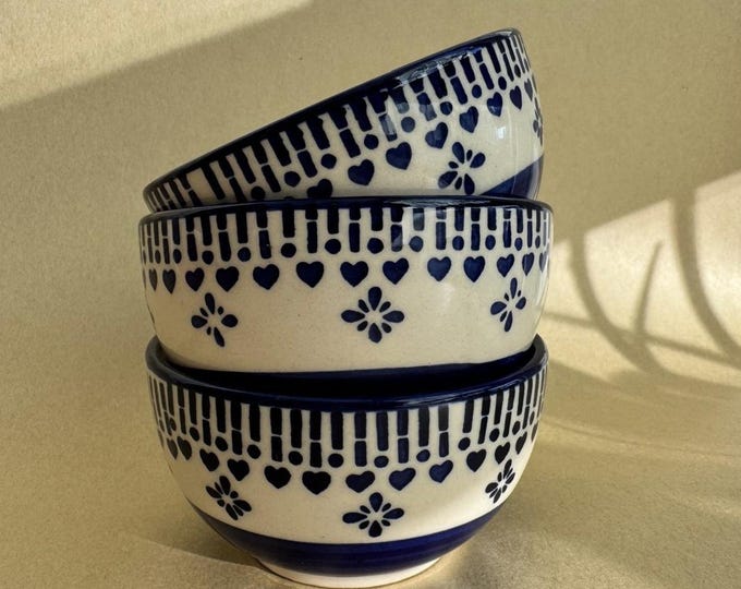 Blue Heart Ceramic Bowl, Hand Painted Heart Motif Bowl, Decorative Bowl ...