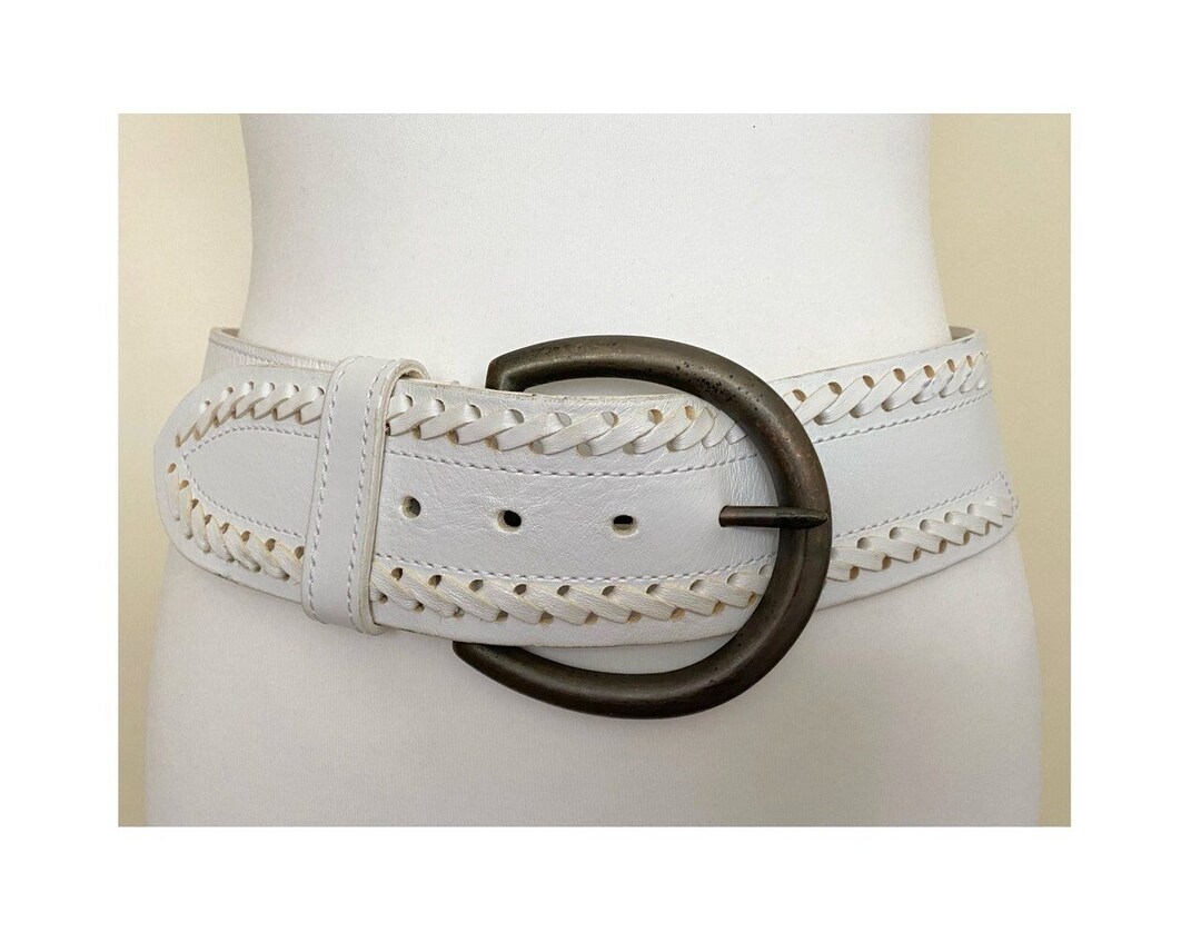 Vintage Italy Made Wide White Leather Belt With Heavy Brass Buckle ...