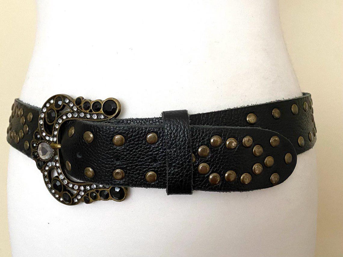 Vintage 80s 90s Studded Western Cowboy Rocker Leather Belt Gothic Black ...