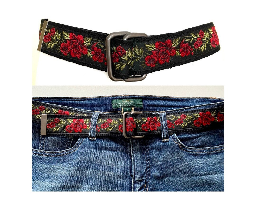 Jeans Men's Women's Black Cotton Ribbon Belt Folk Red Green Jacquard ...