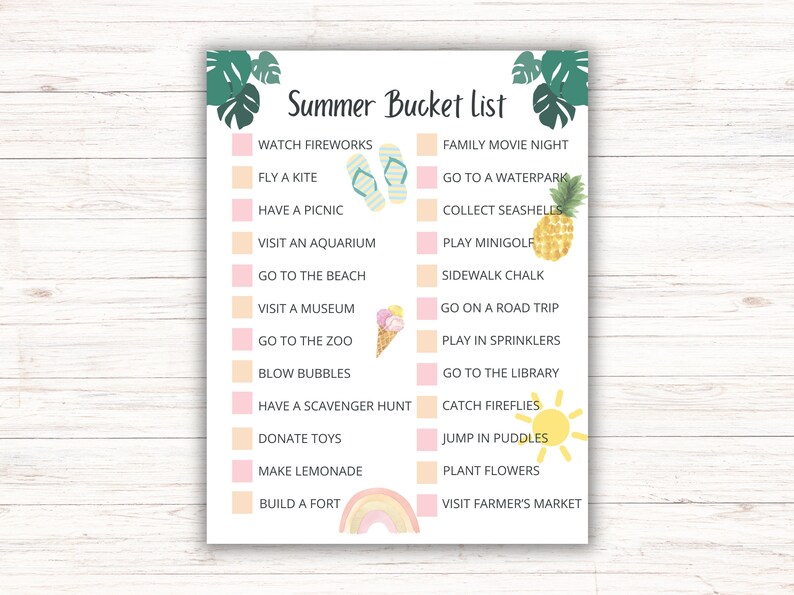 Summer Bucket List Printable, Instant Download List for Kids, Fun ...