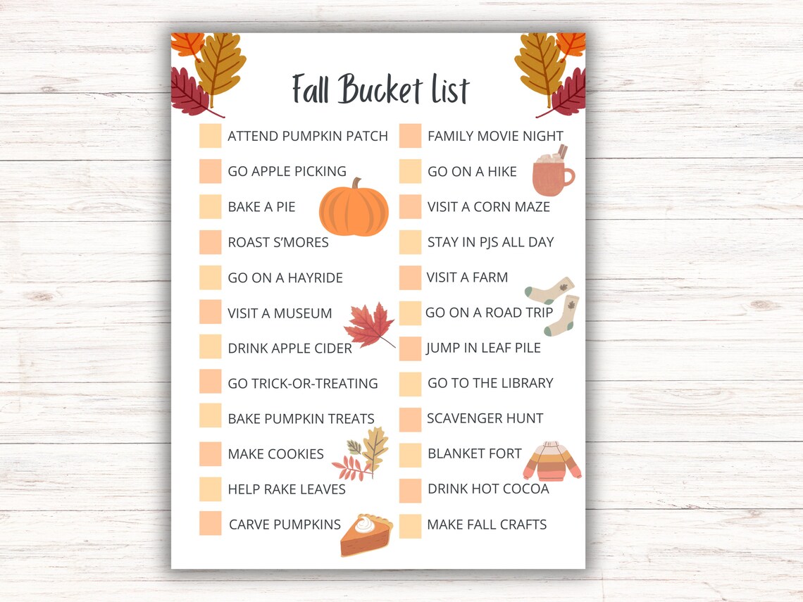 Fall Bucket List Printable, Instant Download List for Kids, Fun Fall ...