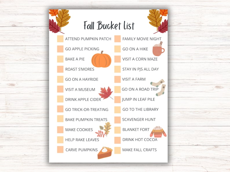 Fall Bucket List Printable, Instant Download List for Kids, Fun Fall ...