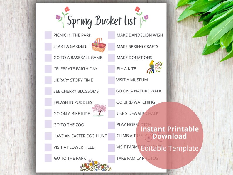 Spring Bucket List Printable, Instant Download List for Kids, Fun ...