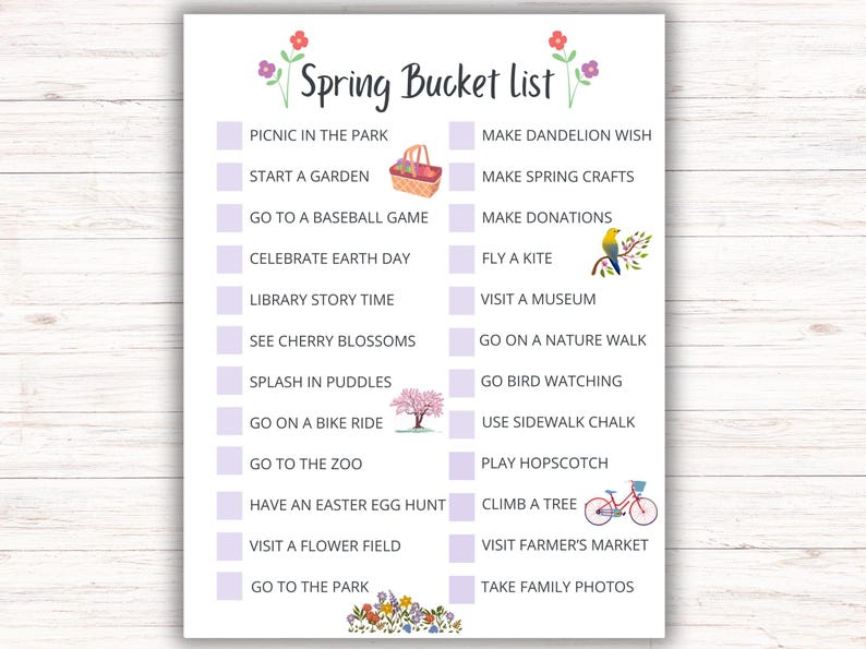 Spring Bucket List Printable, Instant Download List for Kids, Fun ...