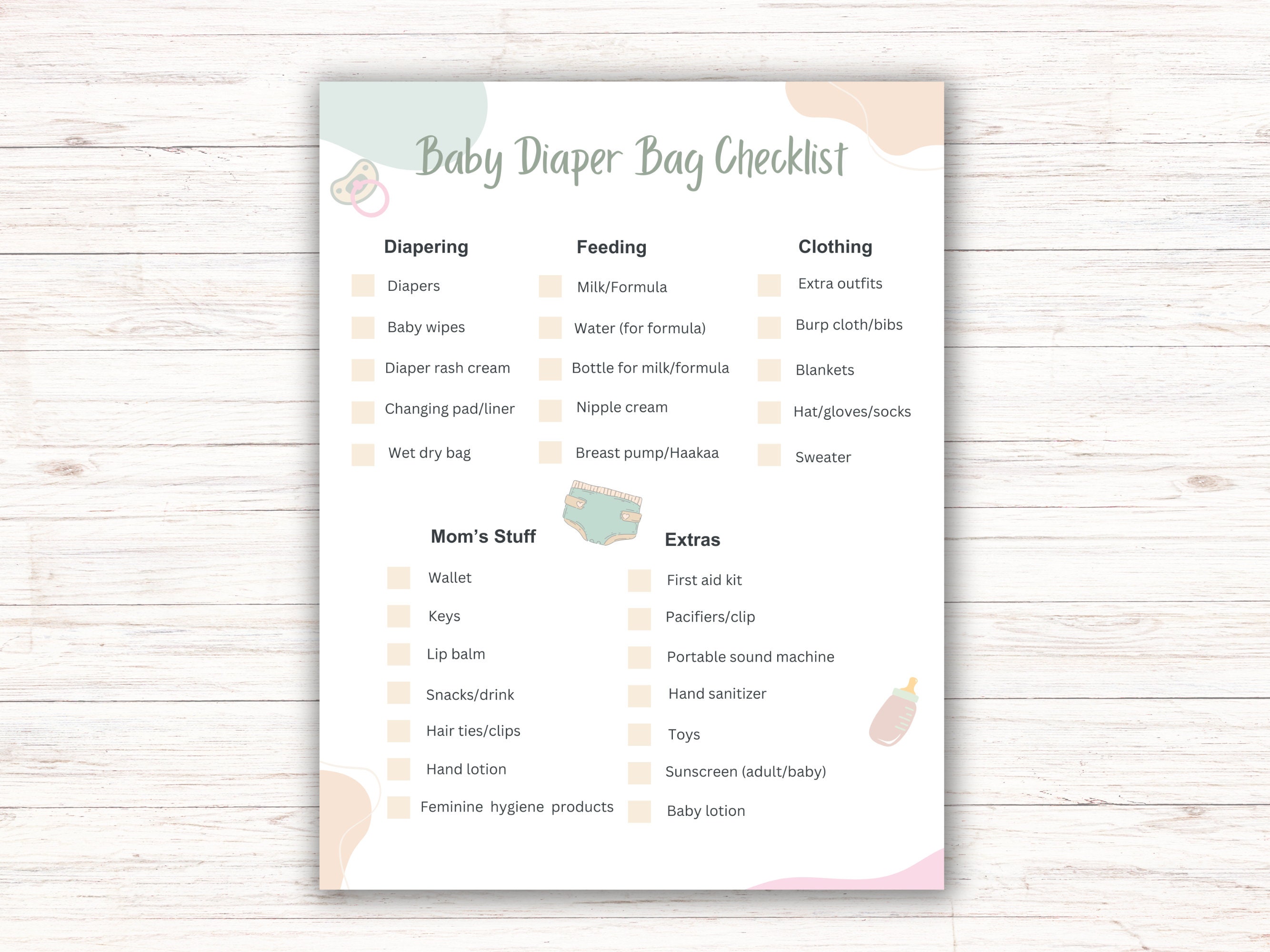 Baby Diaper Bag Checklist Printable, Diaper Bag Planner, Diaper Bag ...