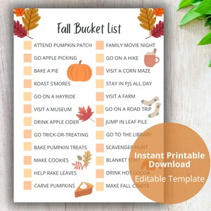 Fall Bucket List Printable, Instant Download List for Kids, Fun Fall ...