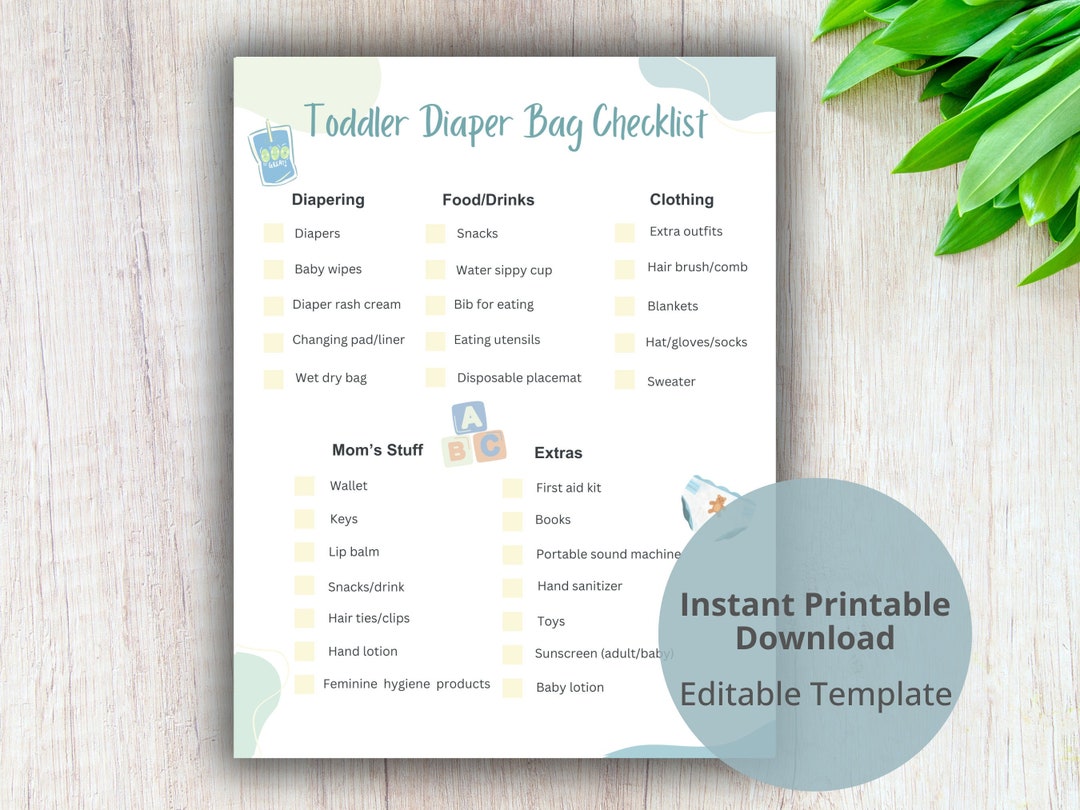 Toddler Diaper Bag Checklist Printable, Diaper Bag Planner, Diaper Bag ...