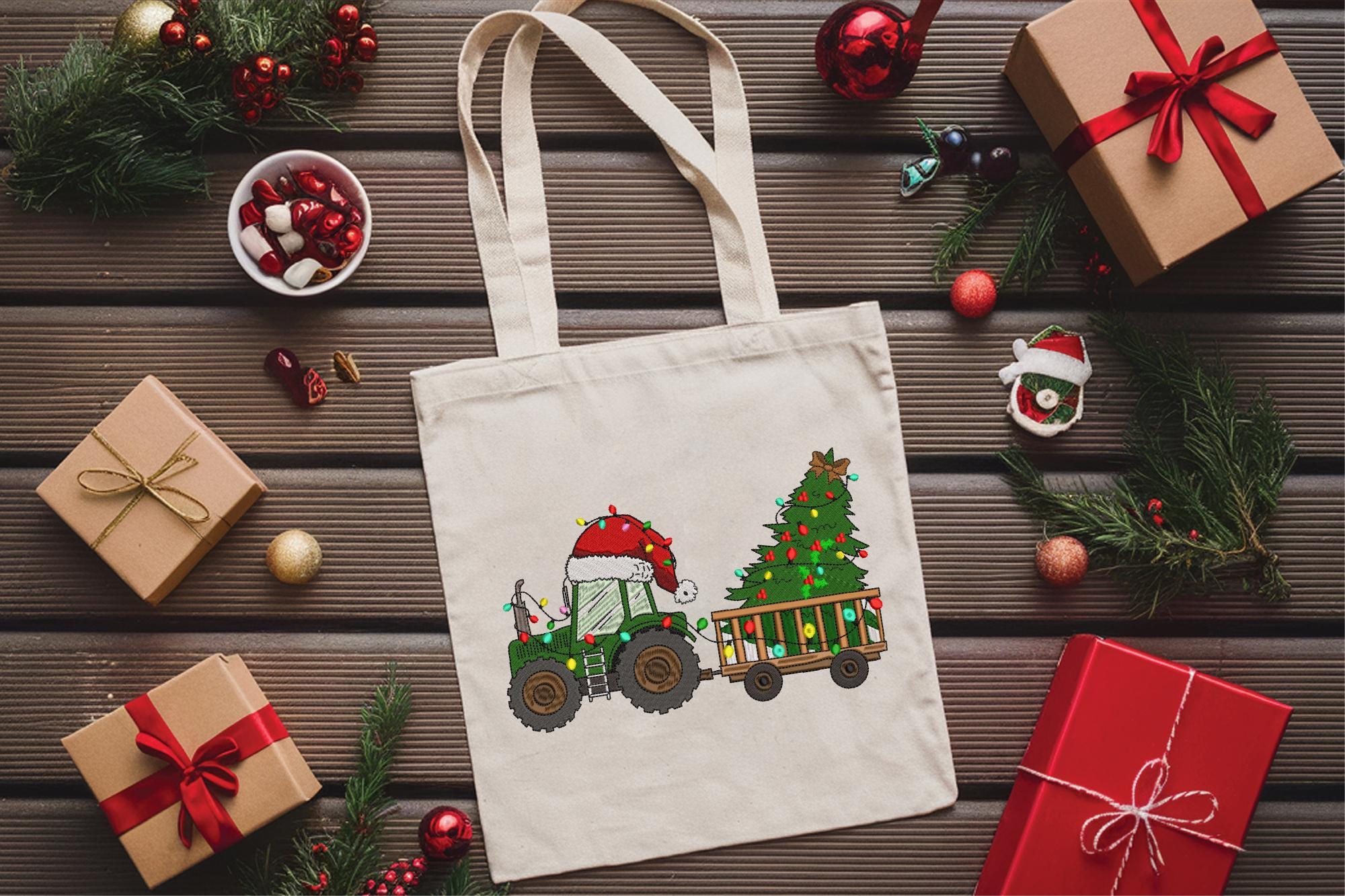 Tractor With Christmas Tree Embroidery Design - Tractor Embroidery ...