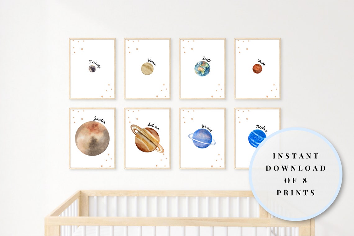 Space Nursery Art Bundle, Set of 8 Planet Printables, Watercolour Solar ...