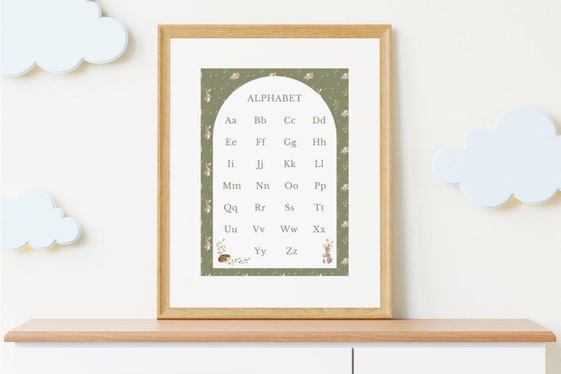 Bunny Alphabet Chart Sage Green Nursery Art Printable Baby Room Art ...