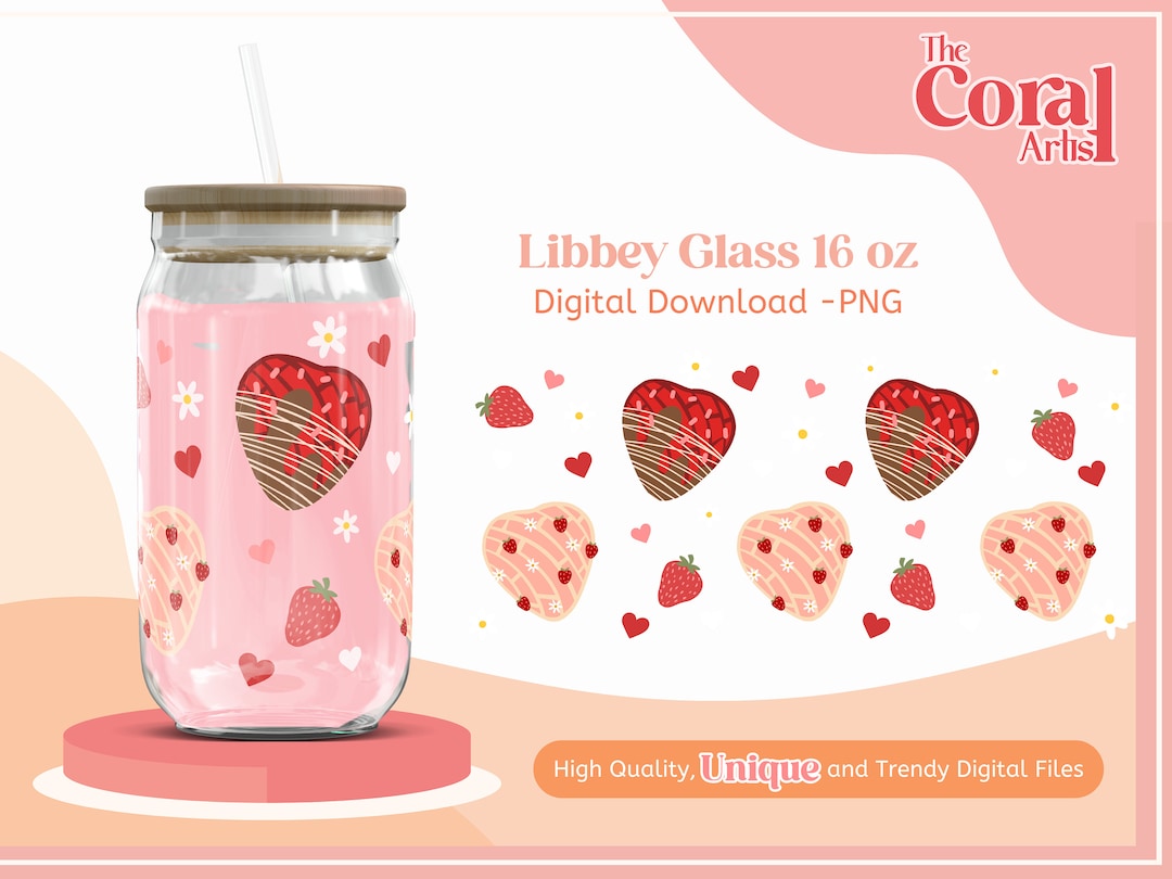 STRAWBERRY Concha PNG 16oz Libbey Transfer Glass Cup Wrap, Hearts and ...