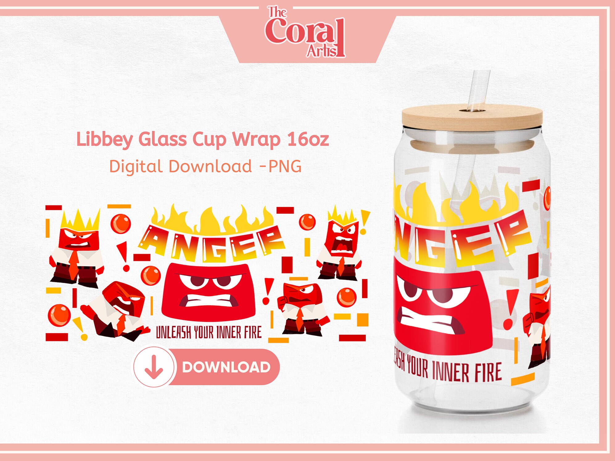 Anger Fire UVDTF Red Inside Out UVDTF PNG Transfer File, Libbey 16oz ...