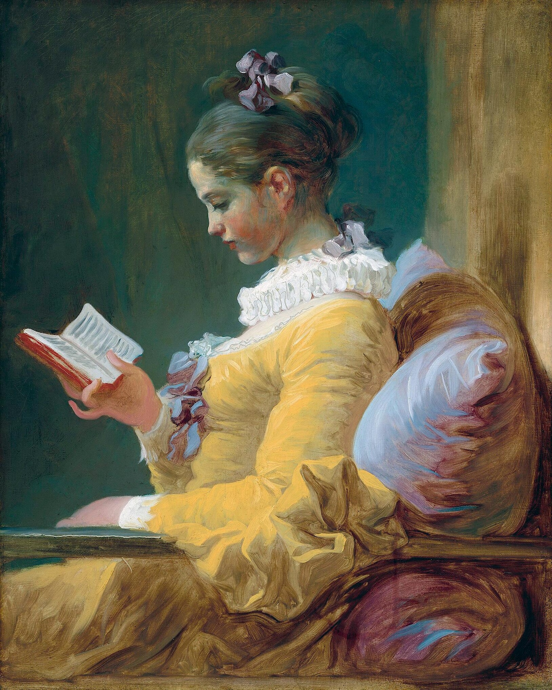 Young Woman Girl in Yellow Dress Reading A Book Painting Art 8x10 Real ...