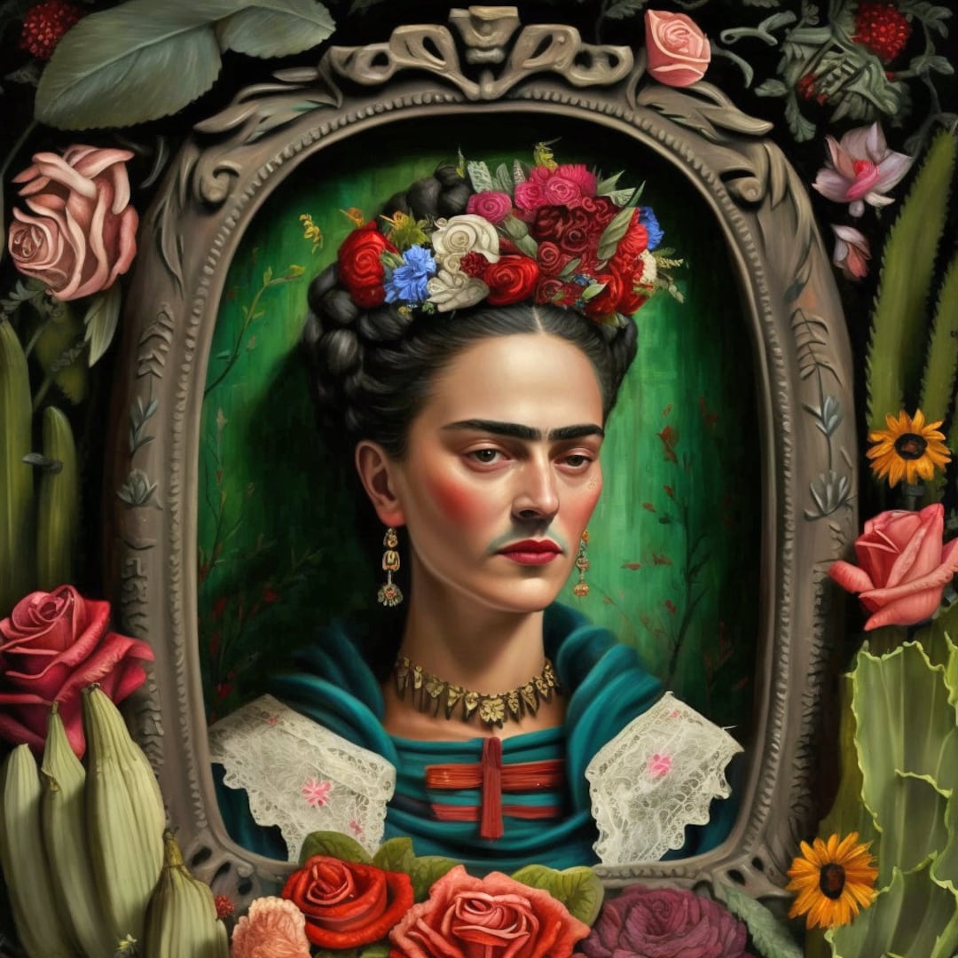 Frida Kahlo Portrait Mexican Art Surreal Folk 8x8 Real Canvas Giclee ...