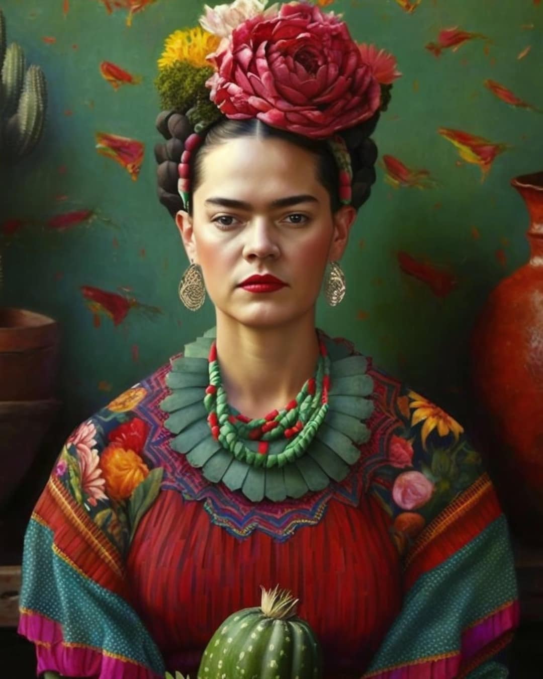 Frida Kahlo Portrait Holding Cactus Mexican Art Surreal Folk 8x10 Real ...
