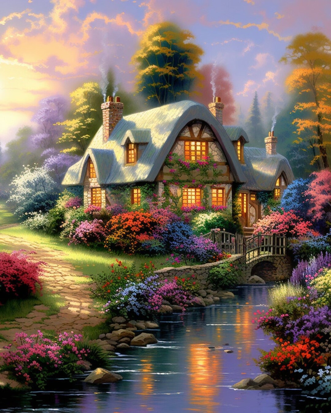 Thomas Kinkade Style Christmas Cottage in Forest 8x10 Real Canvas ...
