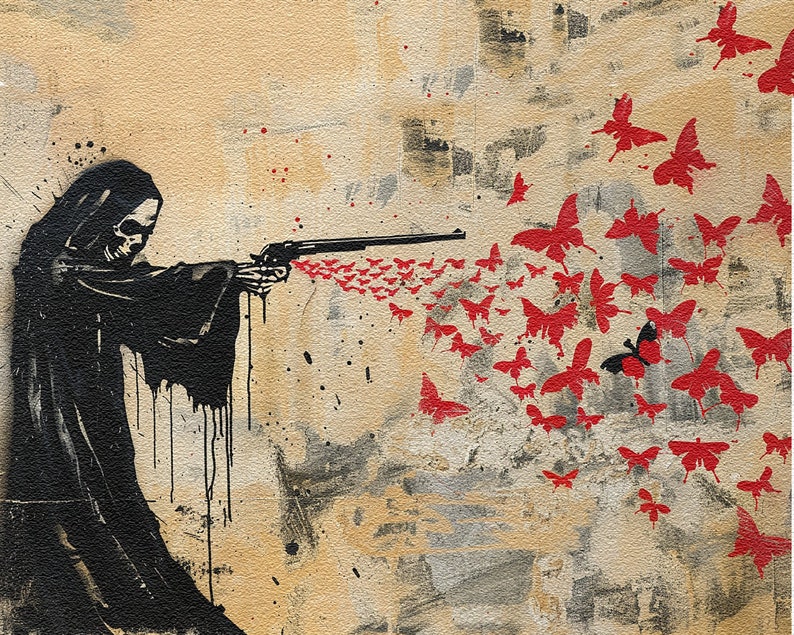 Banksy Street Graffiti Art Grim Reaper With Revolver Gun & Butterflies ...