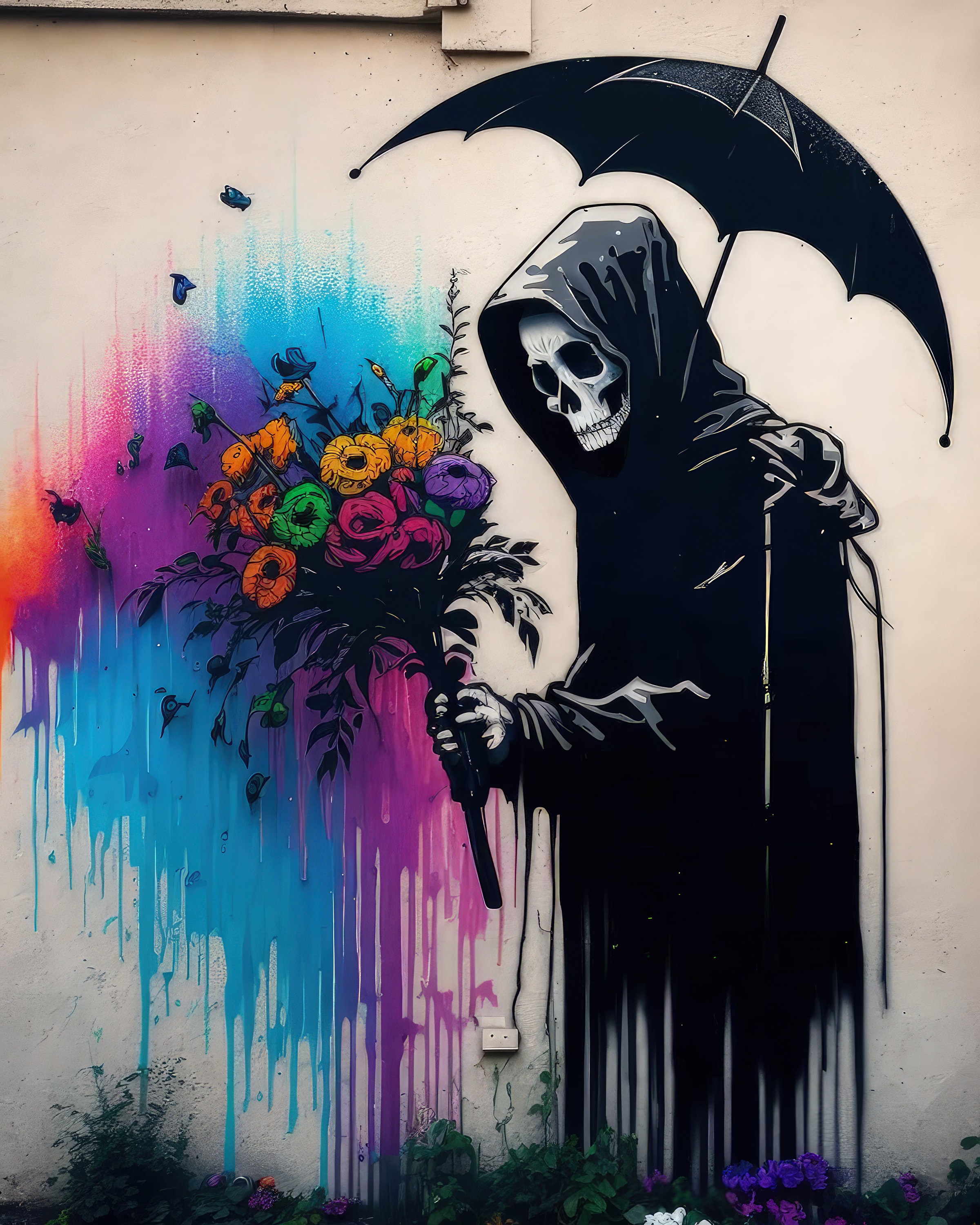 Banksy Street Graffiti Urban Art Grim Reaper With Umbrella & Flowers ...