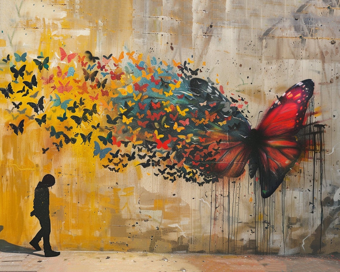 Banksy Street Graffiti Butterfly Apocalypse With Sad Man 8x10" Real ...