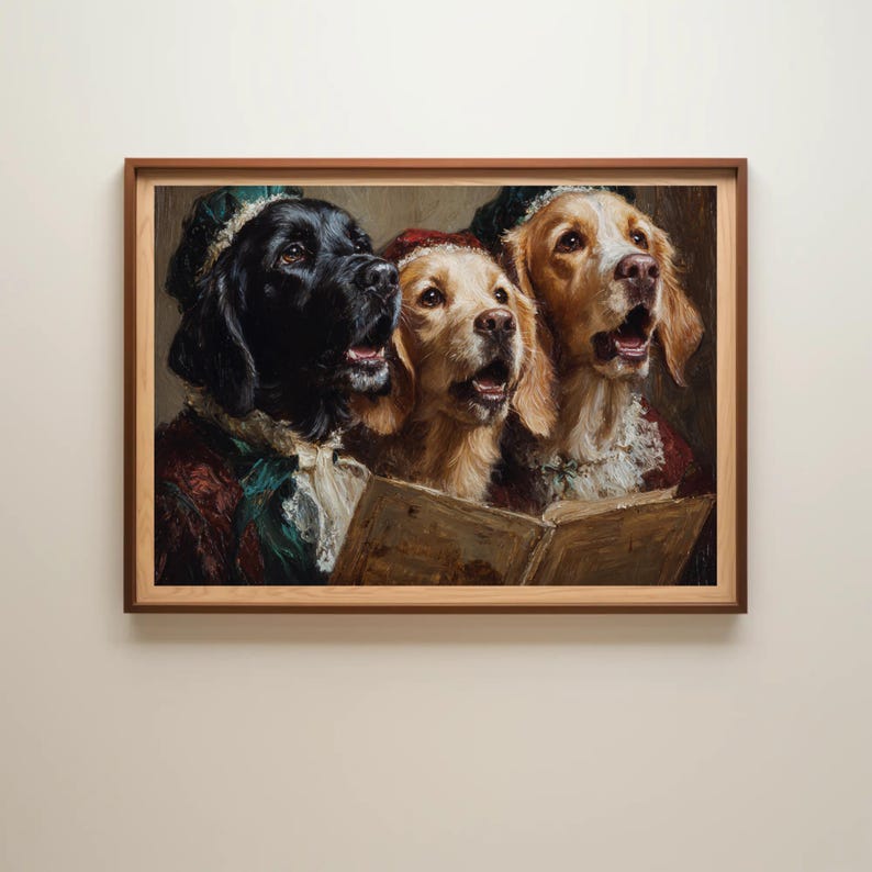 Louis Wain Style Caroling Dogs Christmas Wall Art Vintage Canine Canvas ...