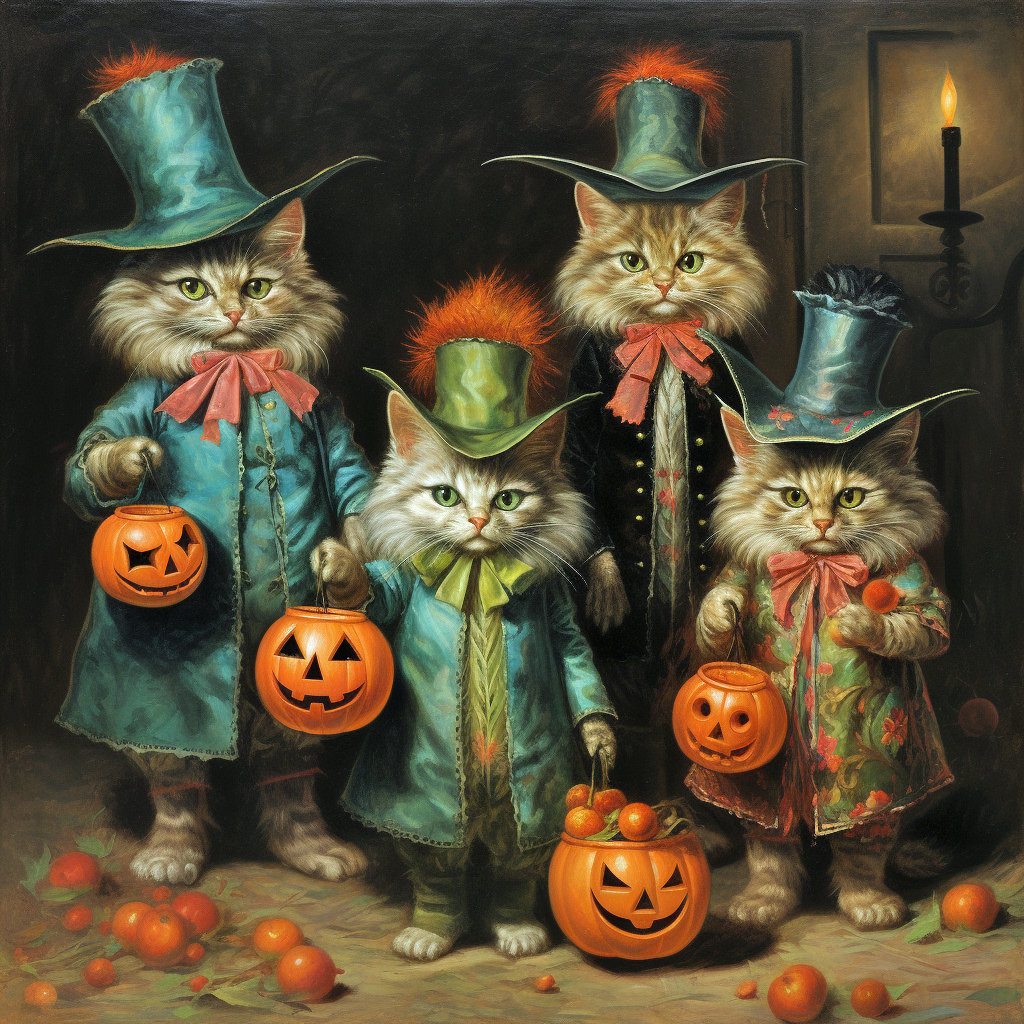 Louis Wain Cute Pet Cats Trick or Treating on Halloween With Jack O ...