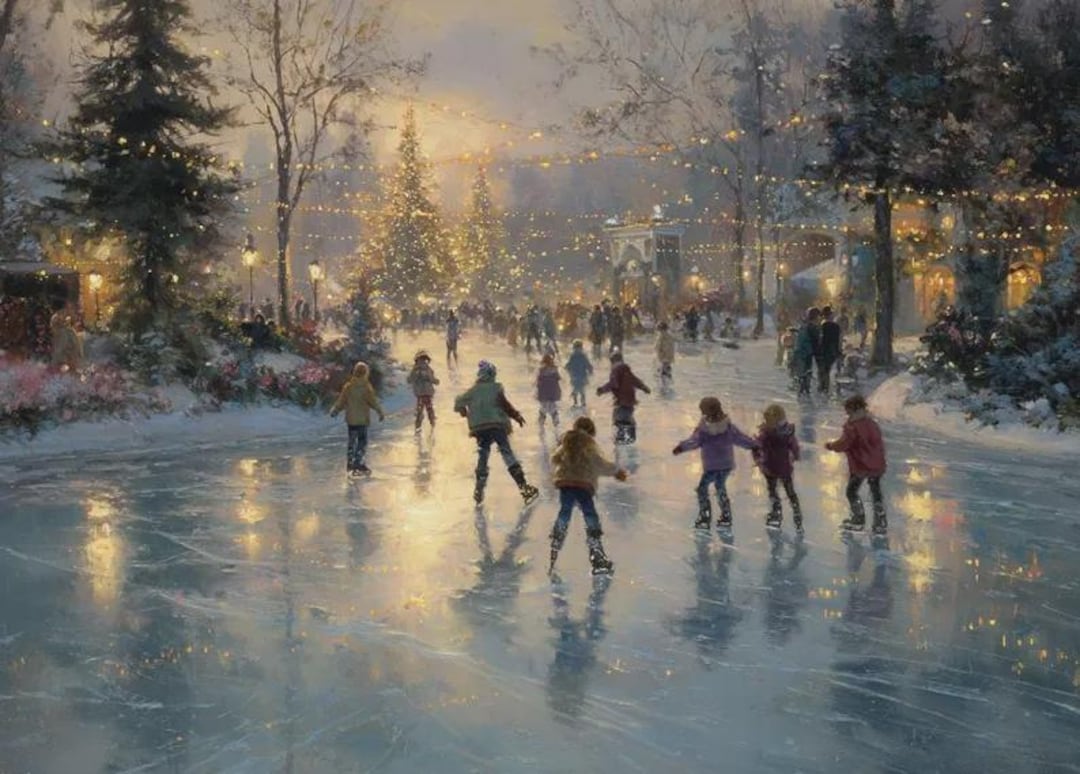 Thomas Kinkade Style Christmas Ice Skating 8x10 Real Canvas Giclee Art ...