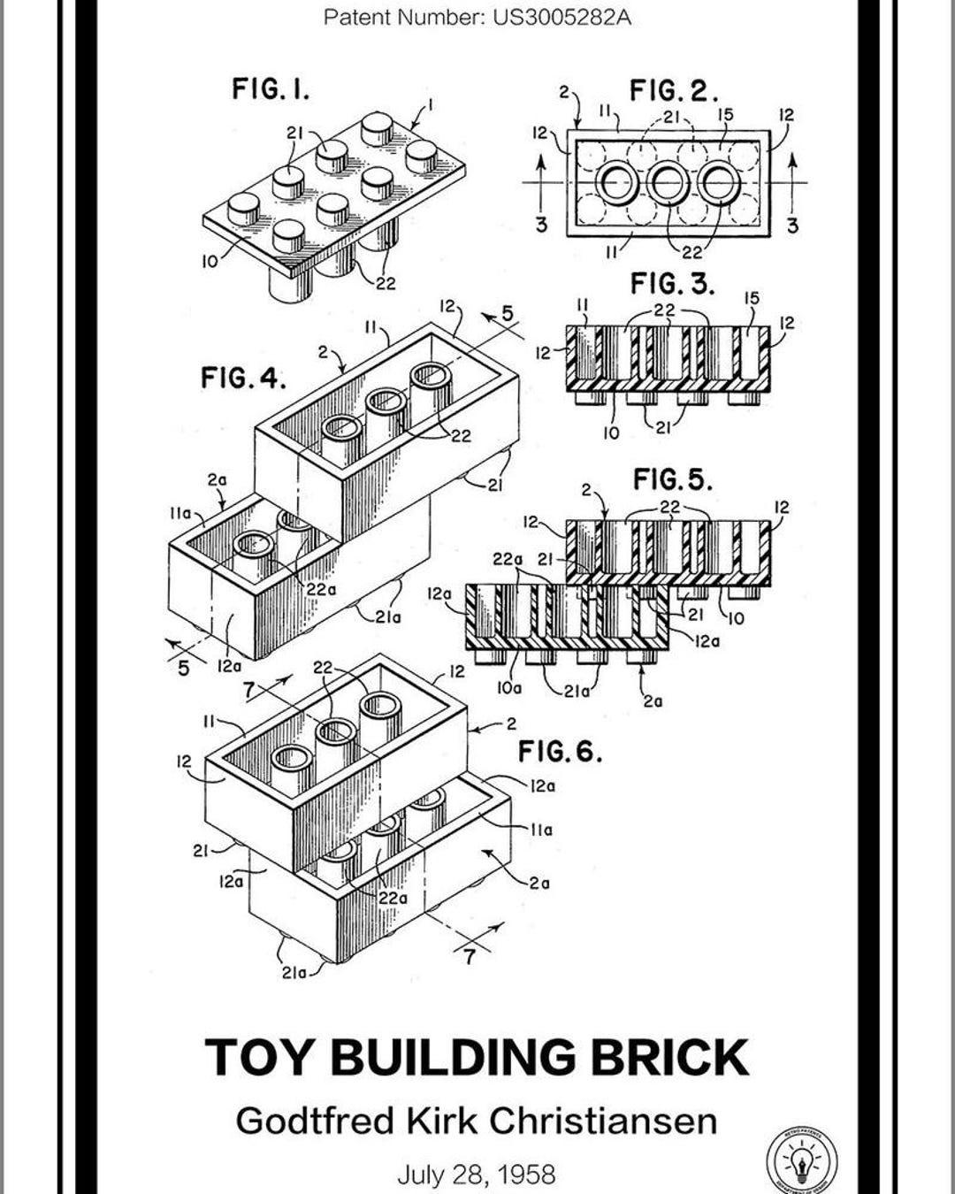 2 Classic Lego Brick Drawing Illustration Patent Vintage Toy Blueprint ...