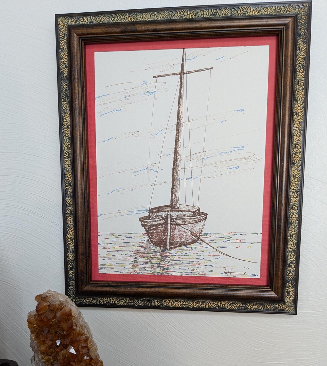 Single Mast Boat, Matt is Printed With the Print, Boat in Waters, Frame ...