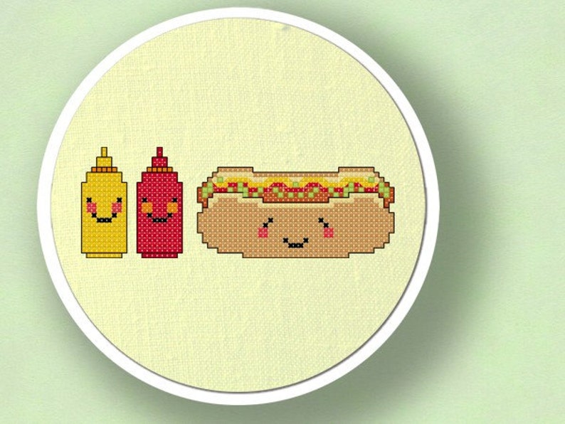 Happy Hot Dog and Condiments. Cross Stitch PDF Pattern - Etsy