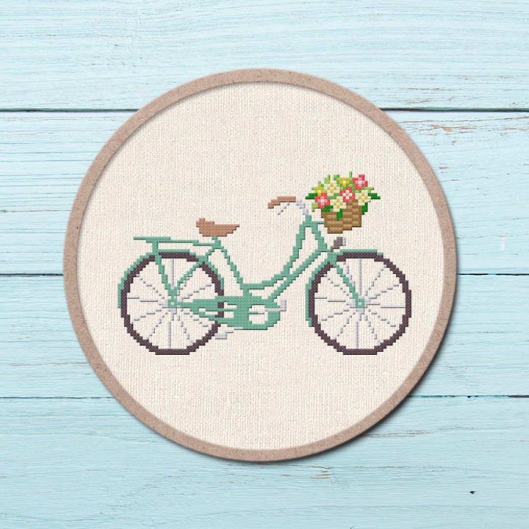 Pretty Bicycle Cross Stitch Pattern. Flower Basket Modern Simple Cute ...