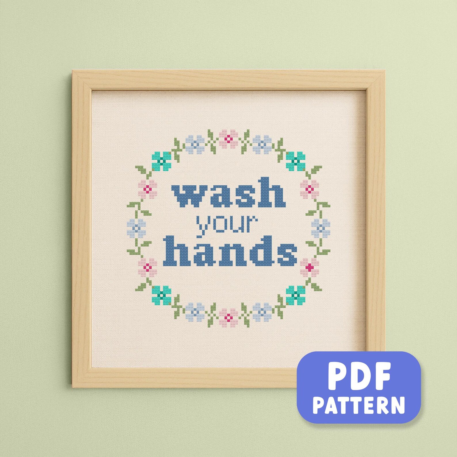 Wash Your Hands Cross Stitch Pattern: Floral Wreath (PDF Download) - Etsy