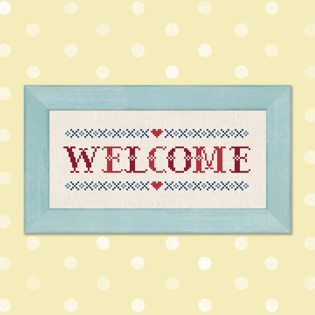 Welcome Cross Stitch Pattern. Red and Blue Text Simple Cute Homey ...