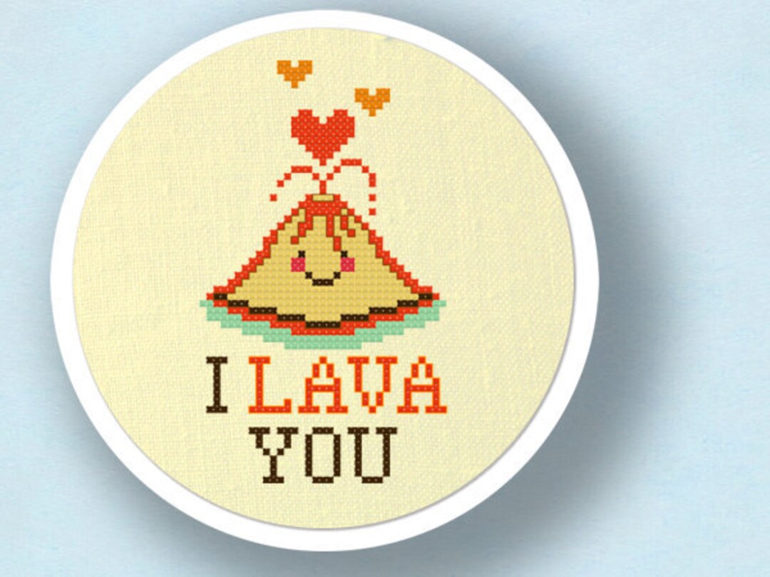 I Lava You Cross Stitch Pattern, Cute Erupting Heart Volcano Pun Modern ...