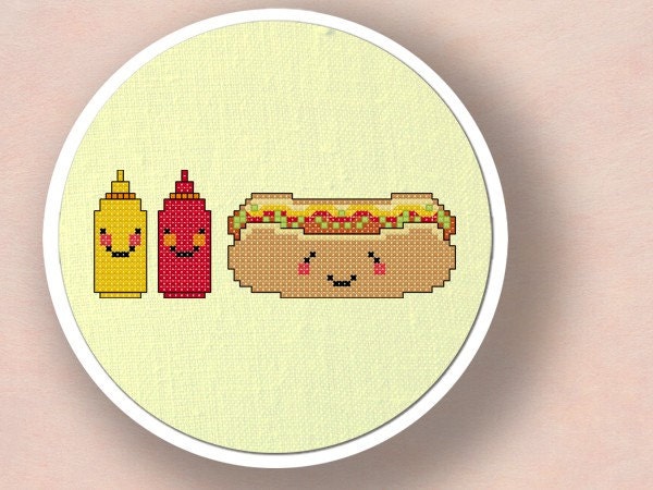 Happy Hot Dog and Condiments. Cross Stitch PDF Pattern | Etsy