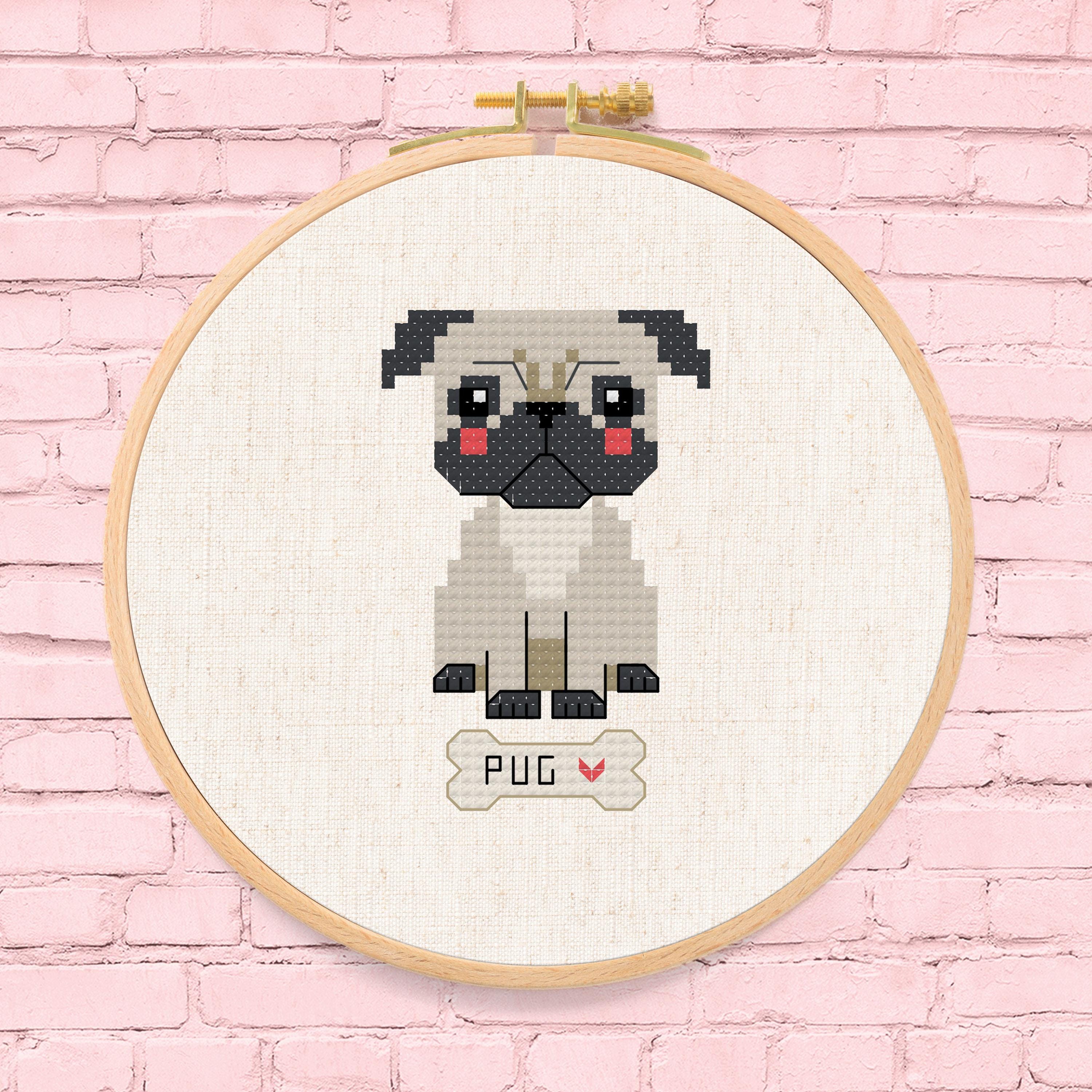 Cute Pug Cross Stitch Pattern, Pet Dog Cross Stitch, Modern Simple Cute ...